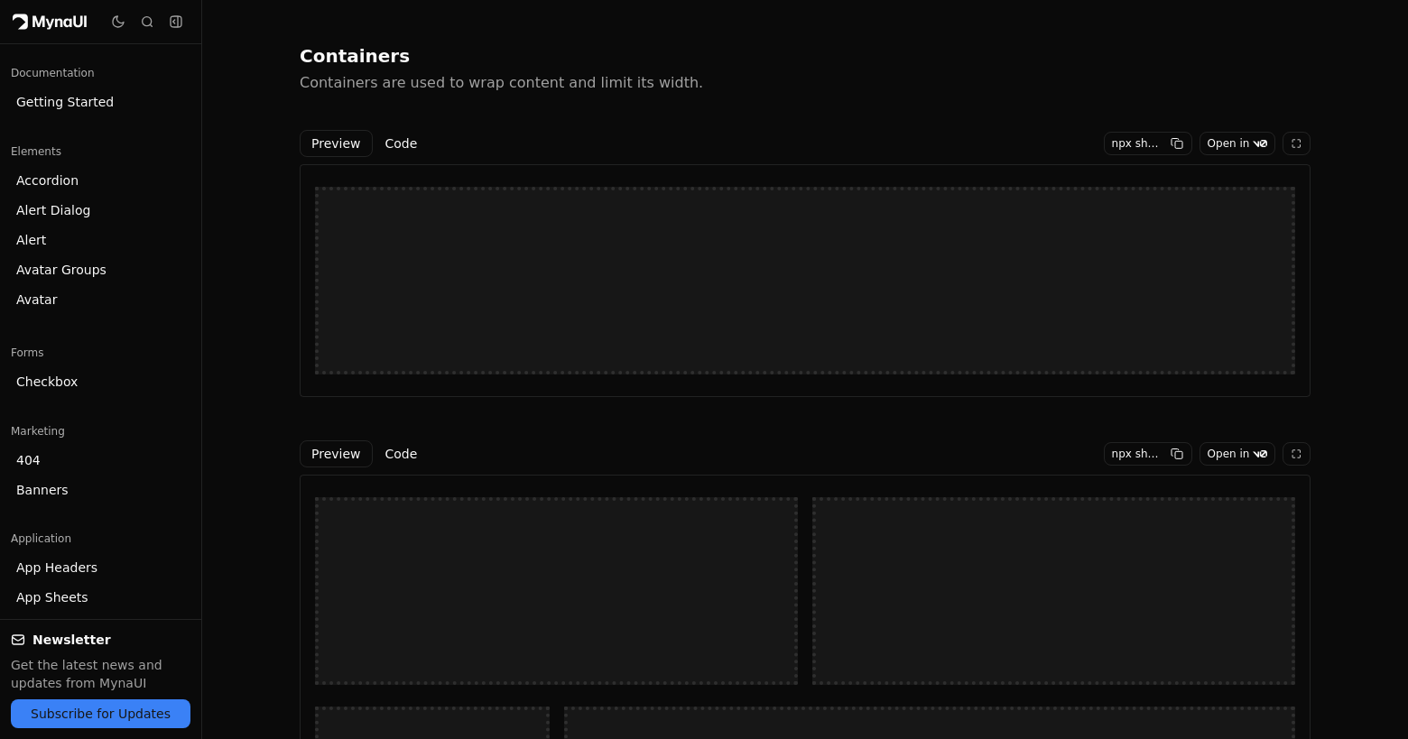 Containers - MynaUI - Made with TailwindCSS, shadcn/ui, Radix UI and Figma